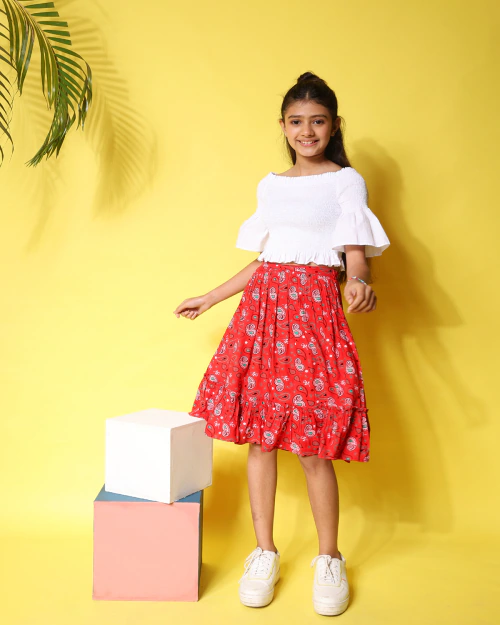 Buy Budding Bees Ruby Bloom Girls Top & Skirt Set-White & Red Online at Best Prices in India ...