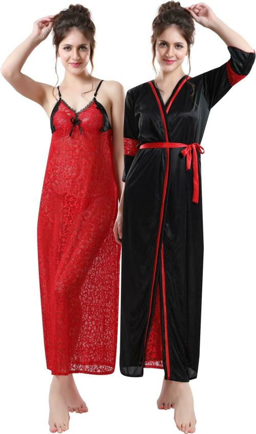 Buy Be You Women Black, Red Self Design Satin Nighty With Robe Online ...