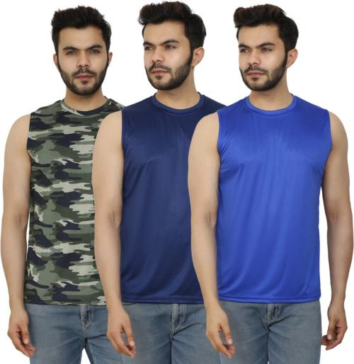 Buy PRIME PLUS Multicolor Solid Round Neck Gym Vest - L (Pack of 3 ...