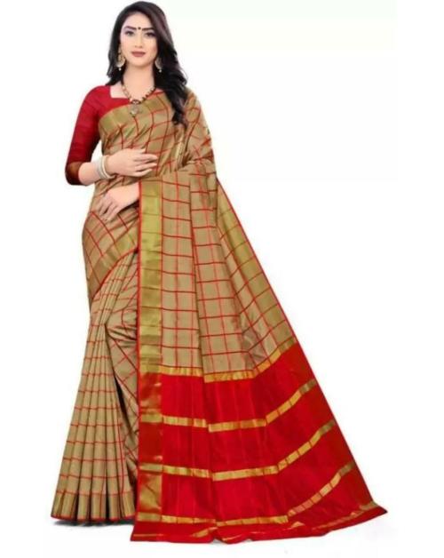 Buy SAADHVI Women's Checkered Chikoo Cotton Silk Woven Saree With ...