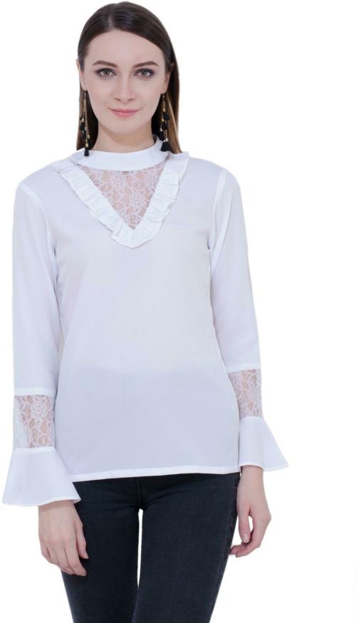 Buy Karmic Vision Women White Self Design Poly Crepe Single Top Online ...