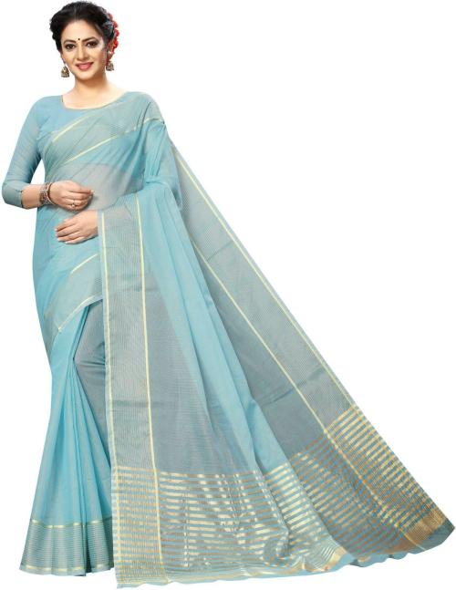 Buy Suntex Women Blue Striped Cotton Silk Single Sarees Online at Best ...