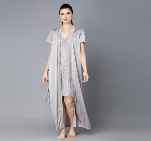 Buy Kjri Women 2 Piece Nighties with Set of Nighty & Gown satin M GREY ...