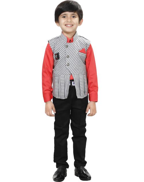 Buy Dkgf Fashion Boys Pink Self Design Cotton Blend Shirt Waistcoat And ...