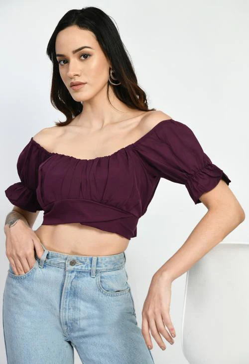 Buy Elanmate Party Puff Sleeves Solid Women Wine Color Top for Women ...