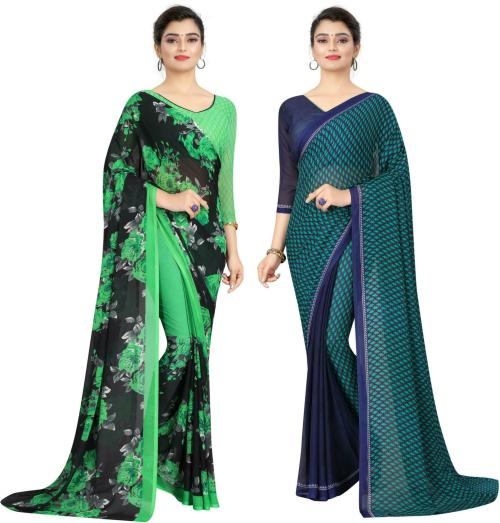 Buy ANIRAV Women Green Printed Georgette Pack Of 2 Daily Wear Saree ...