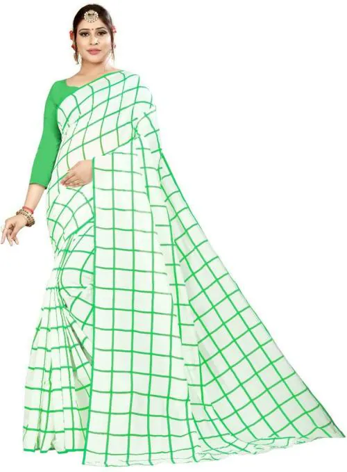 Buy Suntex Women White Checkered Silk Blend Single Saree Online at Best ...