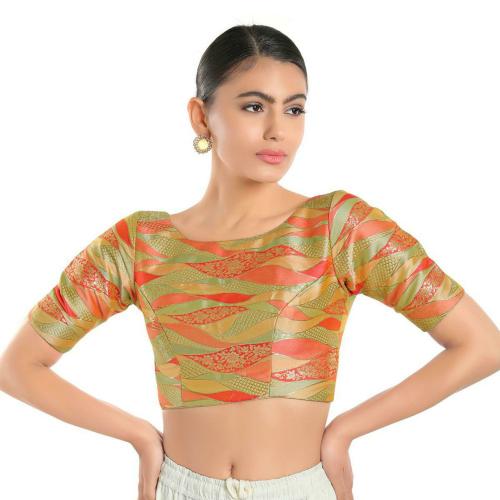 Buy Salwar Studio Women's Pista Green Brocade Readymade Saree Blouse Online at Best Prices in ...