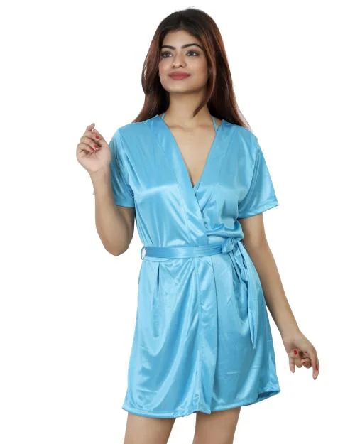 Buy Nivcy X-Large Solid Satin Women Light Blue Robe Nightwear Online at ...