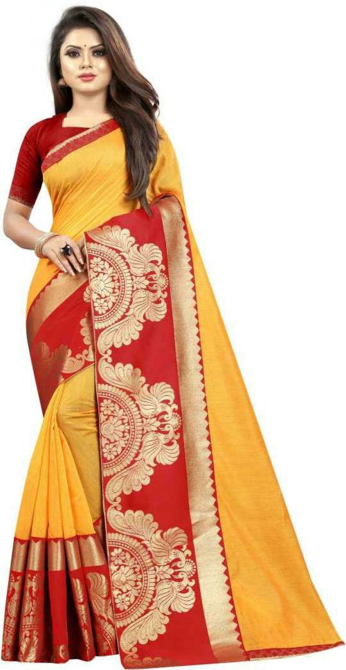Buy Febo Fashion Women Yellow Woven Design Jacquard Single Saree Online ...