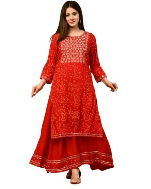 Buy Nakh Women Printed Cotton Long Straight Kurti with Skirt Set Online ...