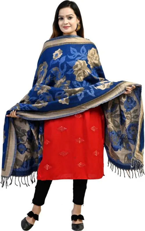 Buy FusFus Women Blue Self Design Wool Shawl - Free Size Online at Best ...