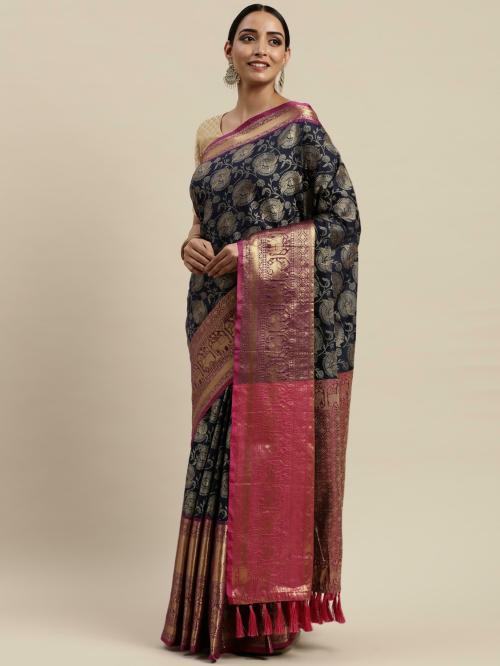 Buy VASTRANAND Women Navy Blue Cotton Silk Woven Design Saree Online at ...