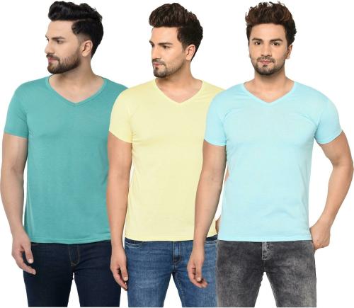 Buy Bribzy Men Rama Green, Lemon and Sky Blue Solid Cotton Blend V Neck ...