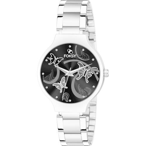 Buy Foksy Fks-1047W Black Dial And Silver Trendy Elegant Bracelet ...