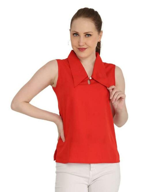 Buy Thisbe Women Red Polyester Sleeveless Regular Casual Top with ...