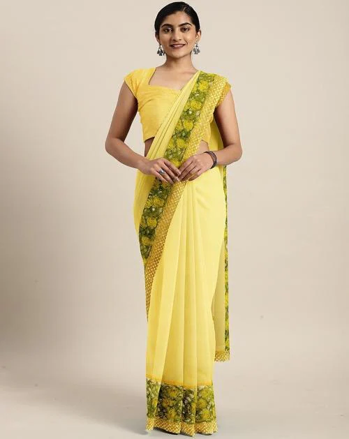 Buy KAVINDI Printed Bollywood Chiffon Saree (Yellow) Online at Best ...
