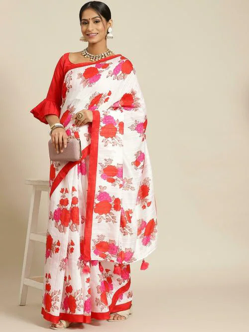 Buy Chhabra 555 Cream Summerish Floral Chanderi Digital Printed Saree ...