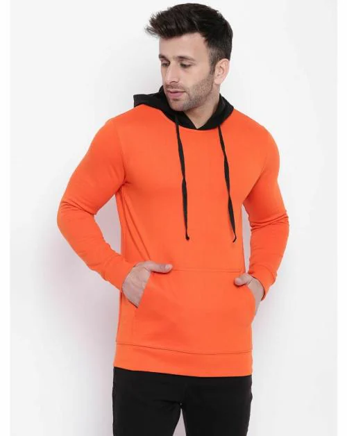 Buy Gritstones Men Black Orange Color Blocked Hooded Fleece Sweatshirt ...