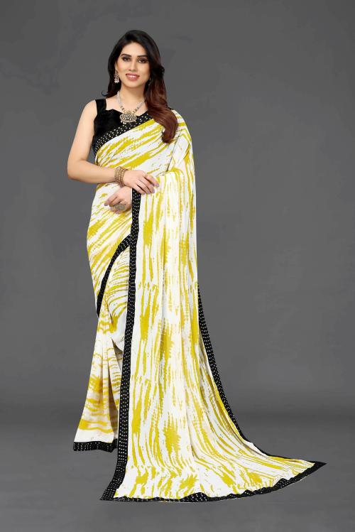 Buy sareya veela Kasavu Women White and Yellow Polka Georgette Sarees ...