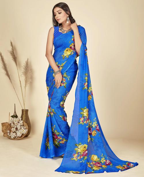 Buy Anand Women Blue Floral Georgette Single Saree Online at Best ...