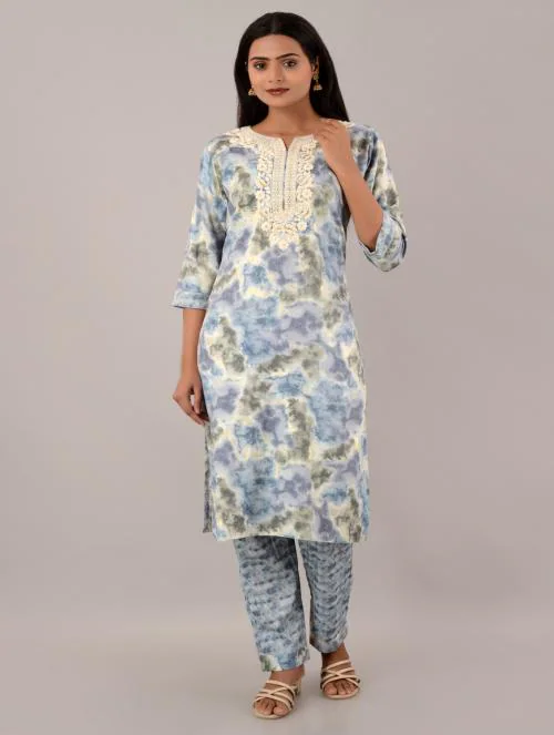 Buy Kritya Women's Blue Printed Straight Kurta and Pant Set Online at ...