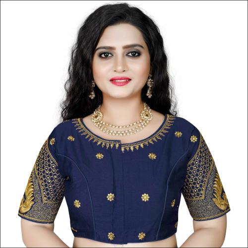 Buy Jay Pal Women Dark Blue Embriodered Poly Silk Round Neck Blouse ...