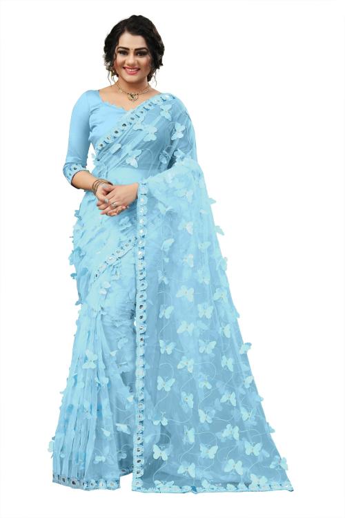 Buy N V Patel Women Sky-Blue Embroidered Net Bollywood Saree Online at ...