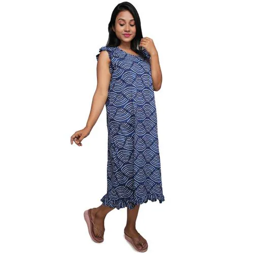 Buy Sathvik Blue Geometric Print Leon Cotton Midi Nightdress with Frills Online at Best Prices ...