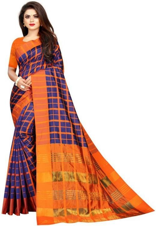 Buy Today Deal Women Dark Blue Checkered Art Silk Single Sarees Online ...