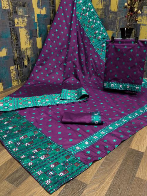 Buy 61&7 NX Embroidered Dokhona Cotton Blend Saree (Purple) Online at ...
