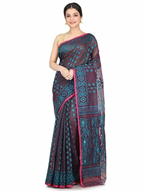 Buy PinkLoom Women Blue and Maroon Woven Pure Cotton Jamdani Saree Without Blouse Piece Online ...