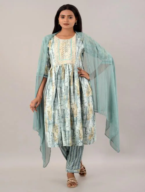 Buy KRITYA Women's Green Rayon Nayra Cut Embroidered Kurta with Pant ...