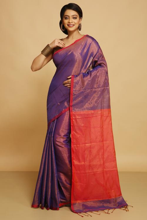 Buy Abrita Saree Handloom Dual Tone Tisu Anchal Saree (Purple And Red ...