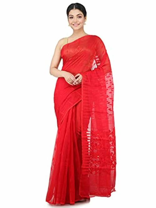 Buy PinkLoom Women Red Handloom Pure Cotton Jamdani Saree Without Blouse Piece Online at Best ...
