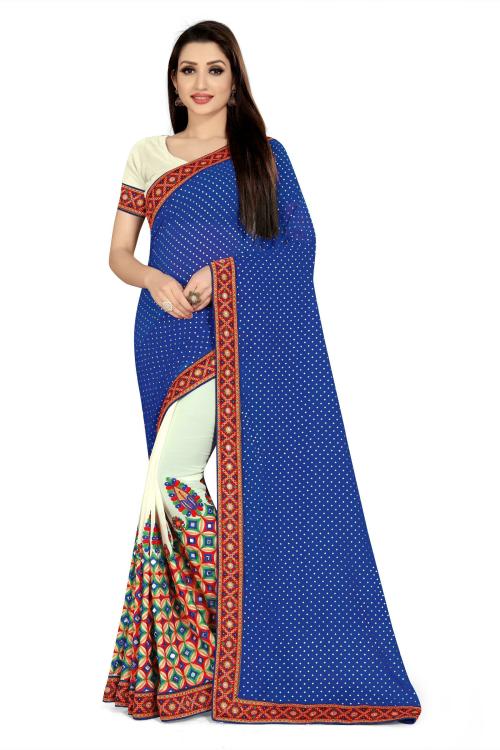 Buy Serona Fabrics Women Blue Embroidered Georgette Regular Saree ...