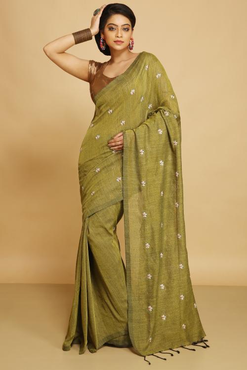 Buy Abrita Saree Handloom Shiuli Flower Butik Work Saree With Blouse Piece (Deep Green) Online ...