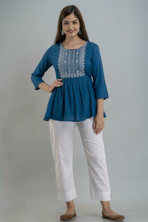 Buy WOMEN TOUCH Women Blue Embroidered Rayon Tops Online at Best Prices ...