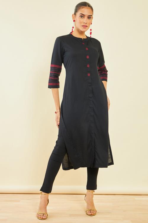 Buy Soch Black Rayon Slub Kurta With Ethnic Embroidery Online at Best ...