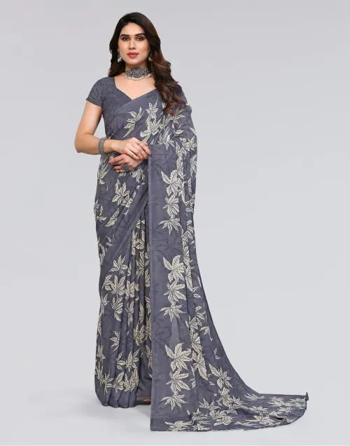 Buy Siril Georgette Grey Color Saree with Blouse piece Online at Best ...