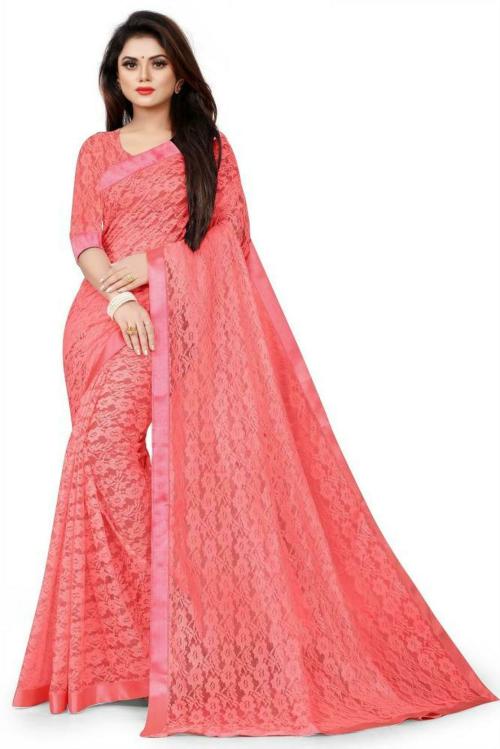 Buy VANRAJ CREATION Women Peach Self Design Net Saree Online at Best ...