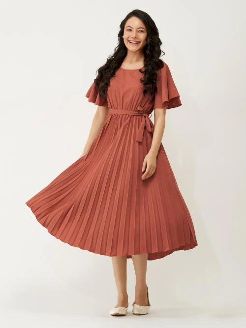 Buy AASK Polyester Rust Orange Color Pleated & Solid Round Neck Dress ...