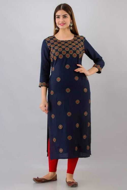 Buy Mehsoos Women Dark Blue Embellished Viscose Rayon Straight Kurta ...