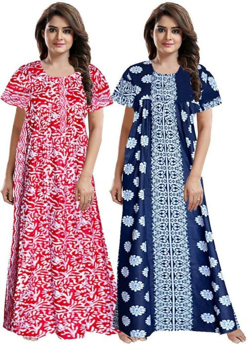 Buy Mudrika Women Multicolor Printed Pure Cotton Pack of 2 Nighty ...
