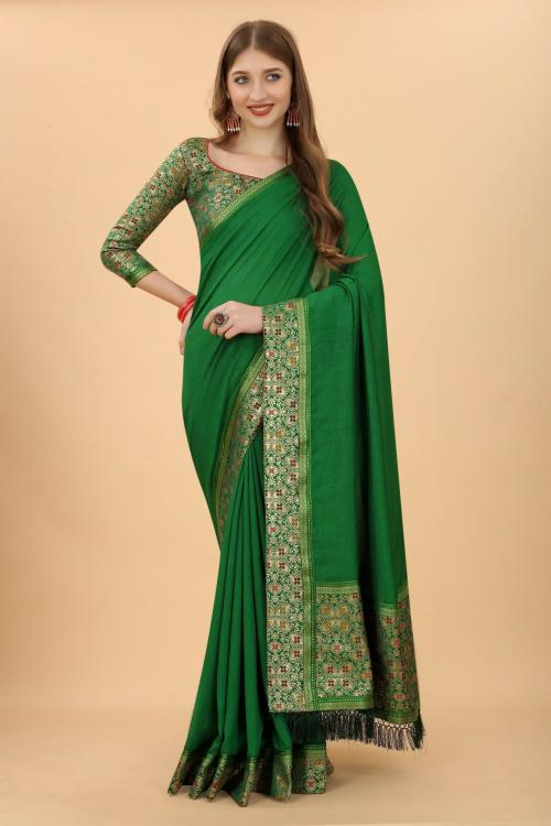 Buy SWIFFIN Latest Collection Vichitra Silk Banarasi Green Saree For ...