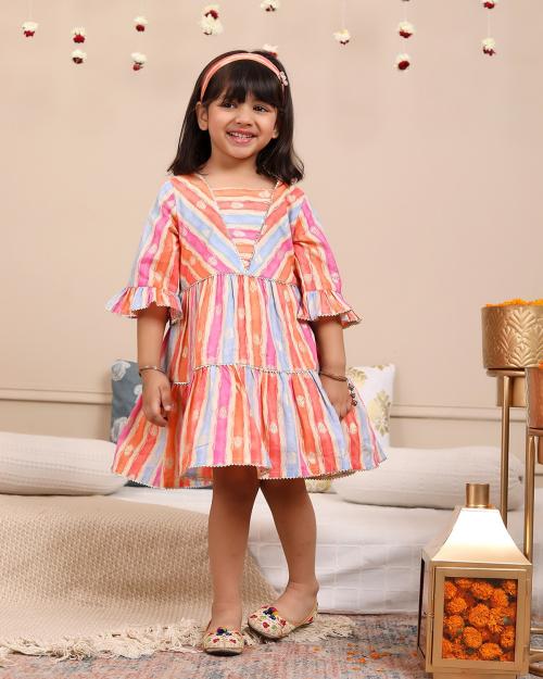 Buy Budding Bees Girls Foil Striped 3/4 Sleeve Dress Set with Hairband Online at Best Prices in ...