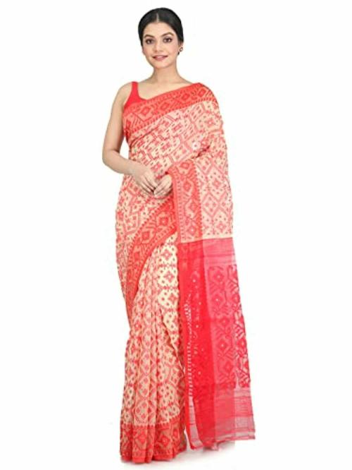 Buy PinkLoom Women Beige and Pink Woven Pure Cotton Jamdani Saree Without Blouse Piece Online at ...