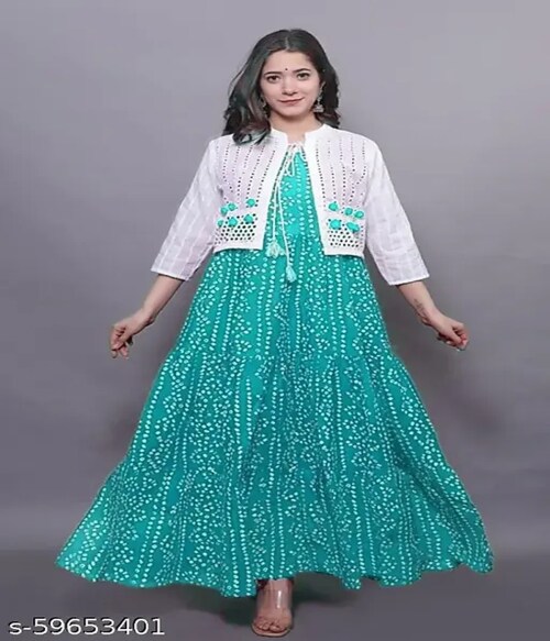 Buy Diyansh Creations Bandhej Kurtis with Schiffli Jacket-Size-L-Green ...