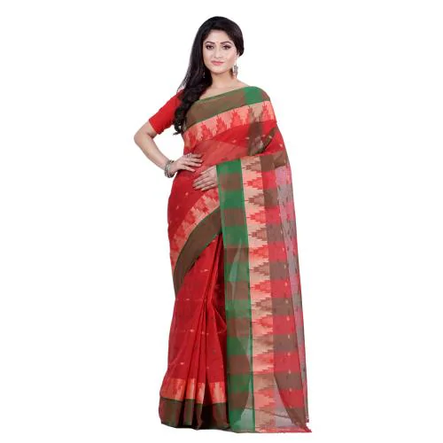 Buy Ruuprekha Women's Pure Cotton Temple Border Red Saree without ...