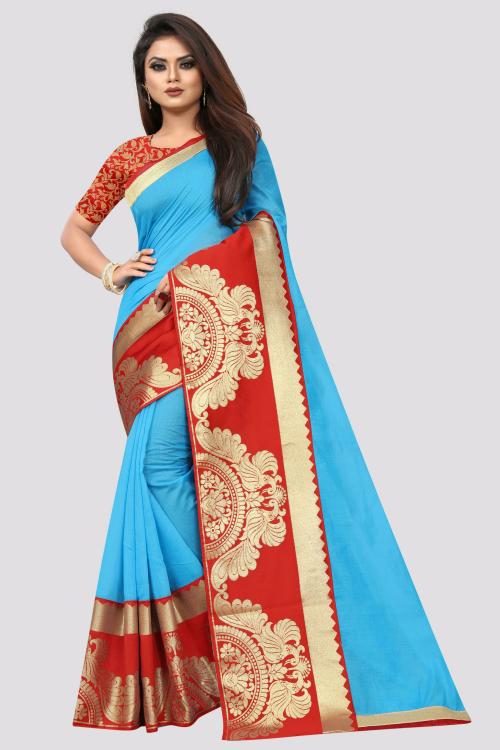 Buy Febo Fashion Women Light Blue Woven Design Jacquard Single Saree ...